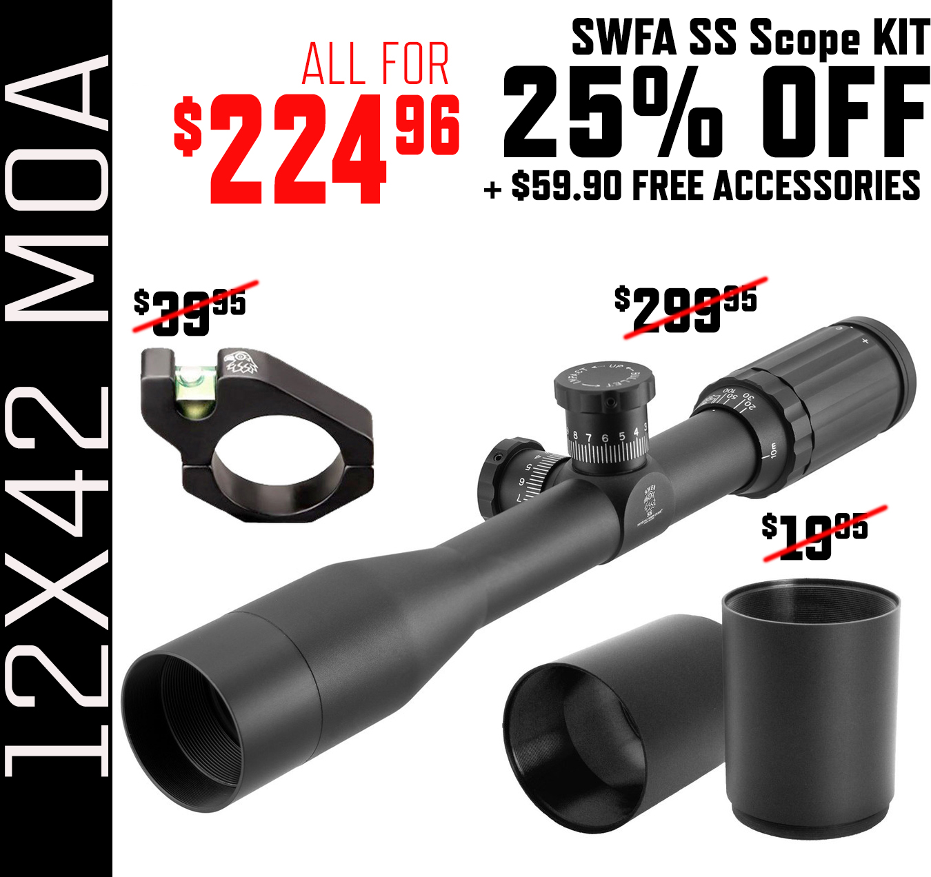 SWFA 12x42 SS - MOA-Quad Reticle, 30mm, .25 MOA Clicks, Rear Focus w ...