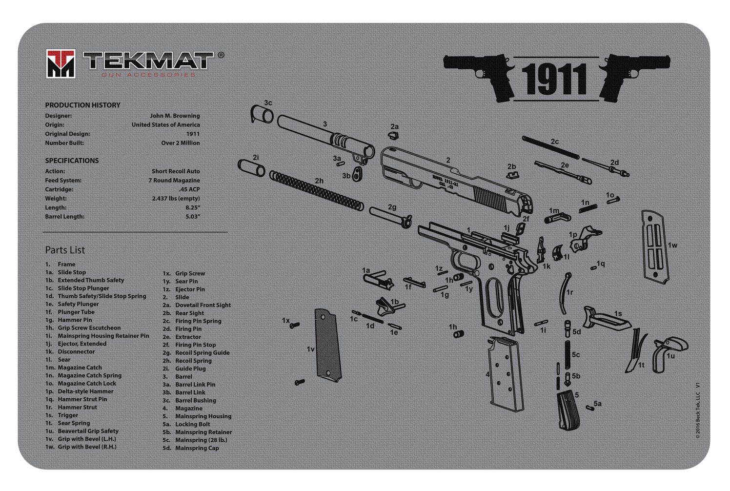 TekMat TEKR171911GY 1911 Cleaning Mat Gray Rubber 11"x17" Diagram - Gun ...