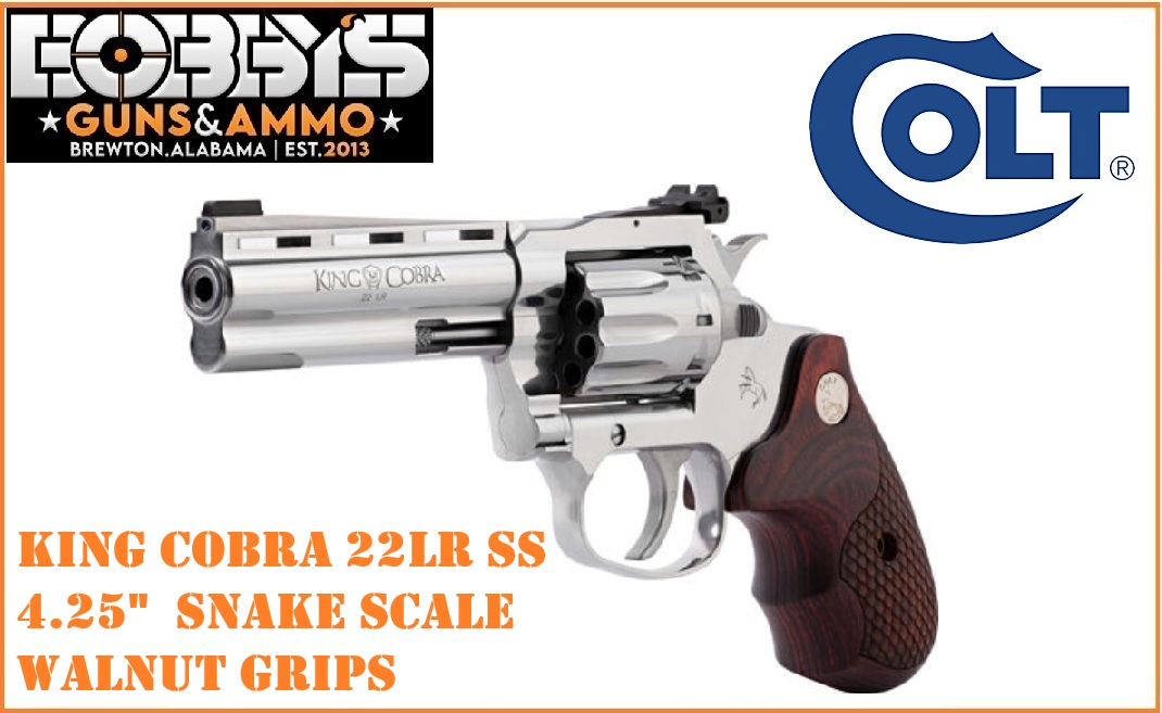 Colt king cobra 22lr ss 4.25" 10 shot snake scale walnut grips ...