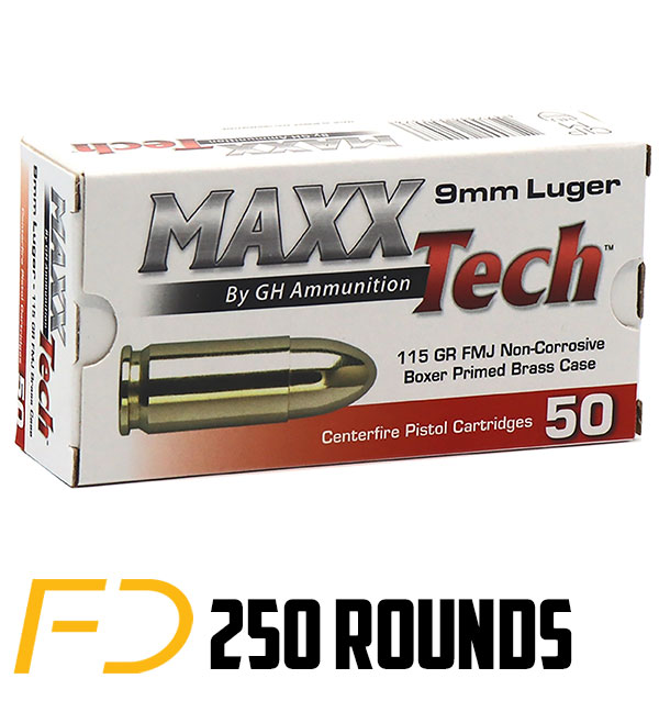 Maxxtech 9MM 115gr FMJ 250 Rounds (5 boxes of 50 rnds) [MPN: PTGB9MMB ...